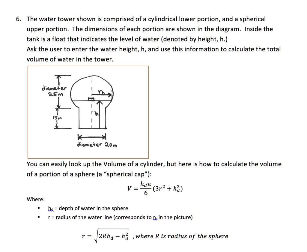 6. The water tower shown is comprised of a cylindrical lower portion ...