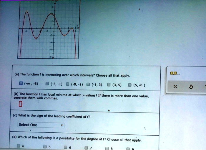 SOLVED: (0) The function f is incressing over which intervals? Choose ...