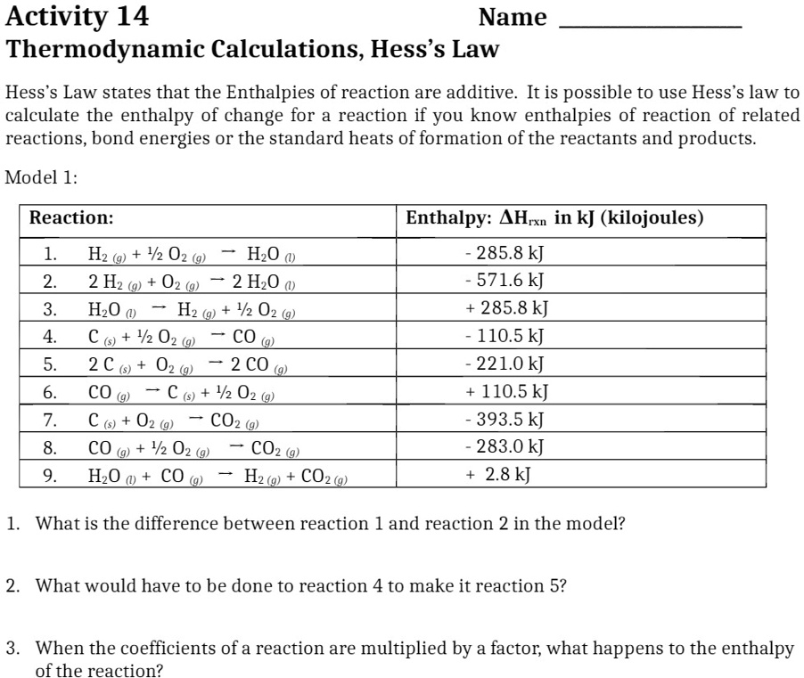 activity 14 name thermodynamic calculations hesss law hesss law states ...