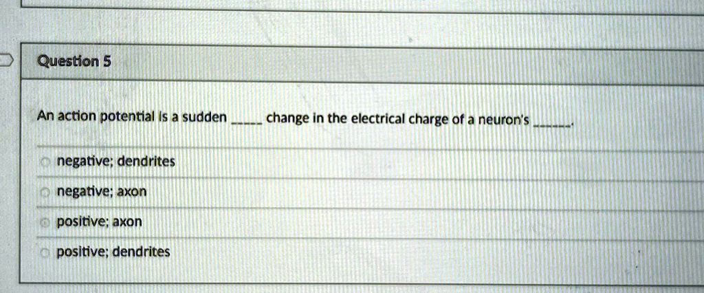 SOLVED: Question 5 An action potential is a sudden change in the ...