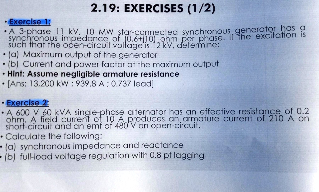 SOLVED: Texts: 2.19: EXERCISES (1/2) Exercise 1: Such that the open-circuit voltage is 12 kV ...