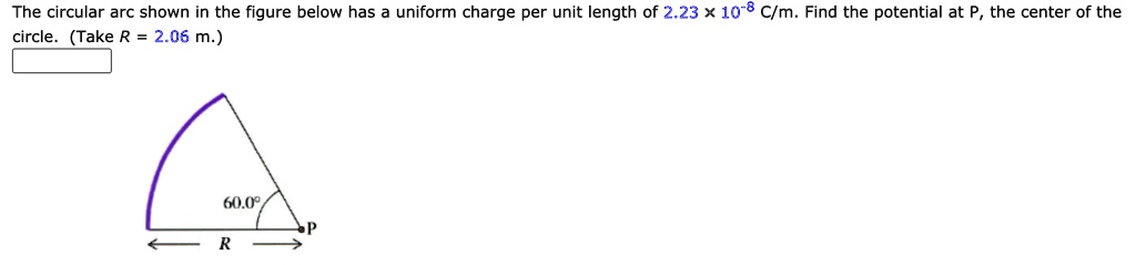 the circular arc shown in the figure below has uniform charge per unit length of 223 x 10 8 clm ...