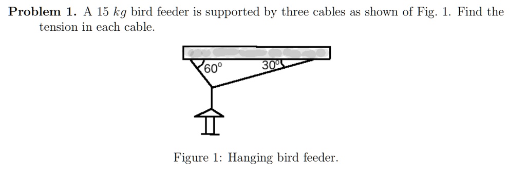 Problem 1. A 15 kg bird feeder is supported by three cables as shown of ...