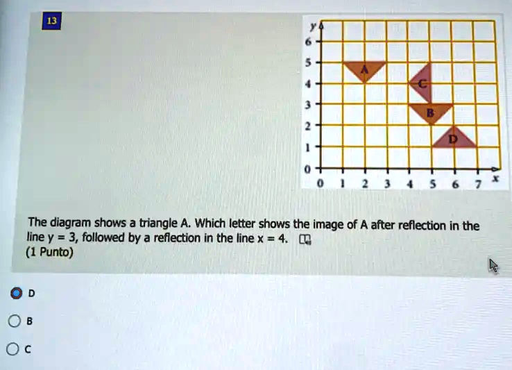 SOLVED: The diagram shows a triangle A. Which letter shows the image of A after reflection in ...