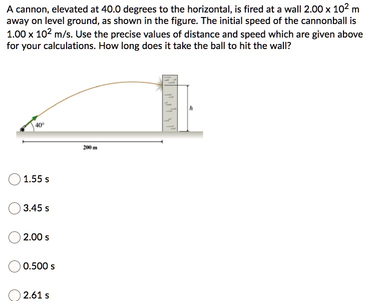 SOLVED: A cannon; elevated at 40.0 degrees to the horizontal, is fired at a wall 2.00 x 102 away ...