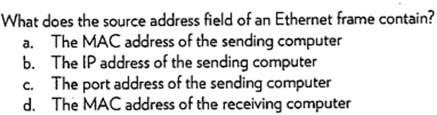 SOLVED: What does the source address field of an Ethernet frame contain? a. The MAC address of ...
