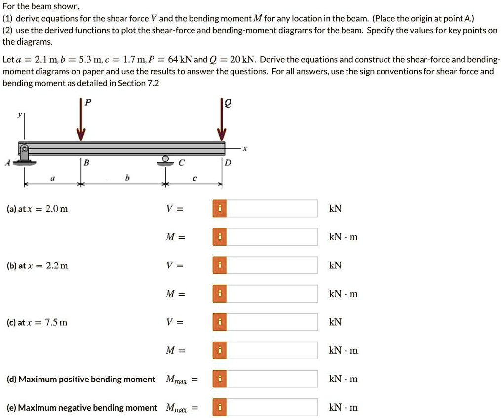 For the beam shown, (1) derive equations for the shear force V and the bending moment M for any ...