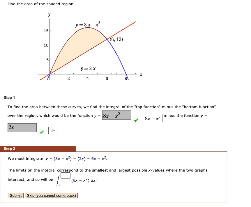 SOLVED: Find the area of the shaded region. y = Bx - X (6,12) y = 2x ...