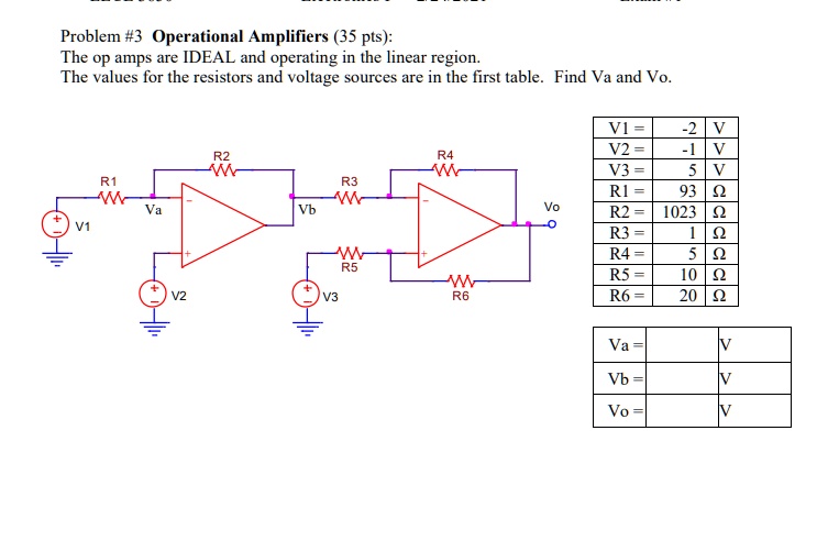 SOLVED: Problem #3 Operational Amplifiers (35 pts): The op amps are IDEAL and operating in the ...