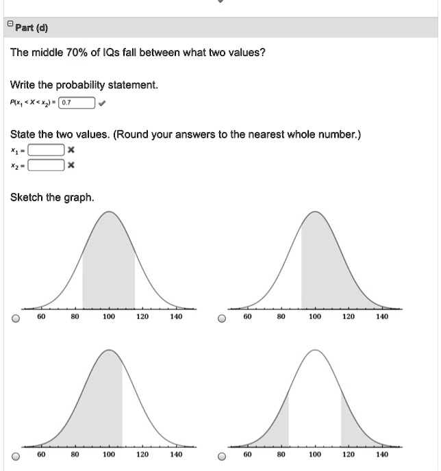 SOLVED: Part (d) The middle 70% of IQs fall between what two values ...