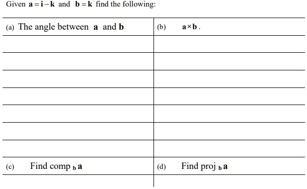 SOLVED:Given a=i-k and b=k find the following: The angle between and b ...
