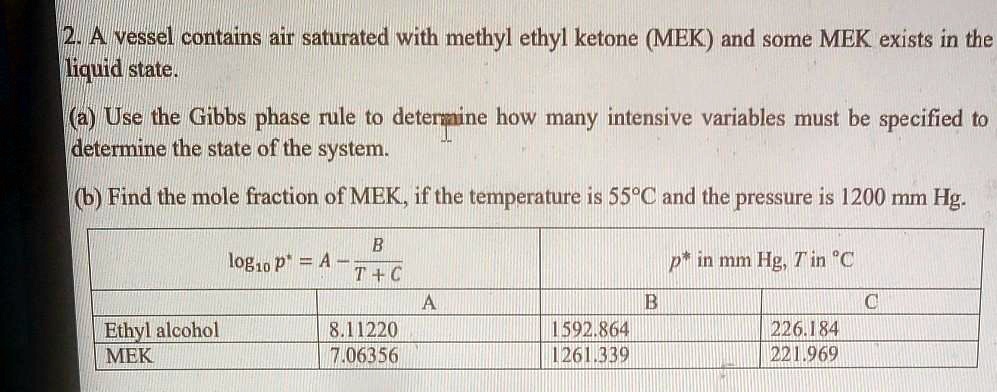 SOLVED: 2Avessei contains air saturated with methyl ethyl ketone (MEK) and some MEK exists in ...