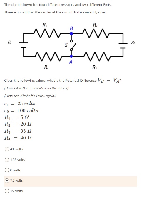 SOLVED: The circuit shown has four different resistors and two different EMFs. There is a switch ...