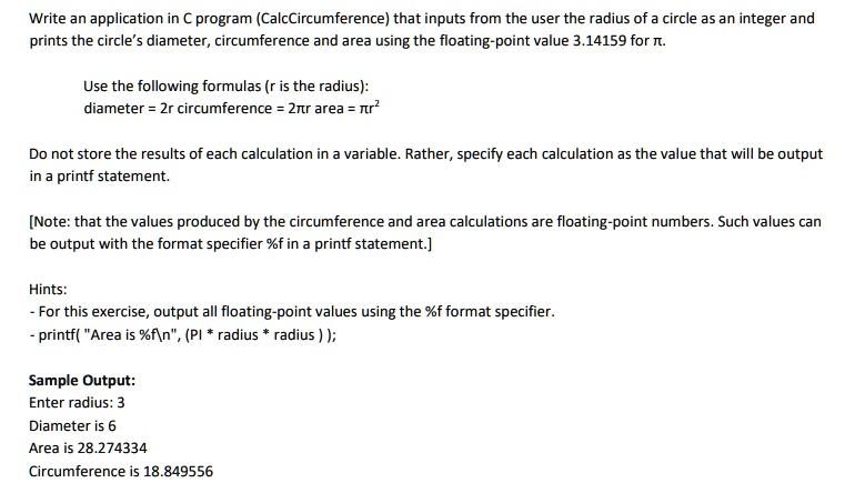 Write An Application In C Program Calccircumference That Inputs From The User The Radius Of A 5202