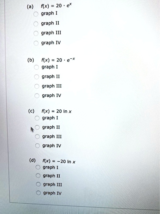 SOLVED:(a) f(x) = 20 e* graph graph II graph III graph IV (b) f(x) = 20 ...