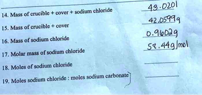 14 mass of crucible cover sodium chloride 15 mass of crucible cover 16 ...