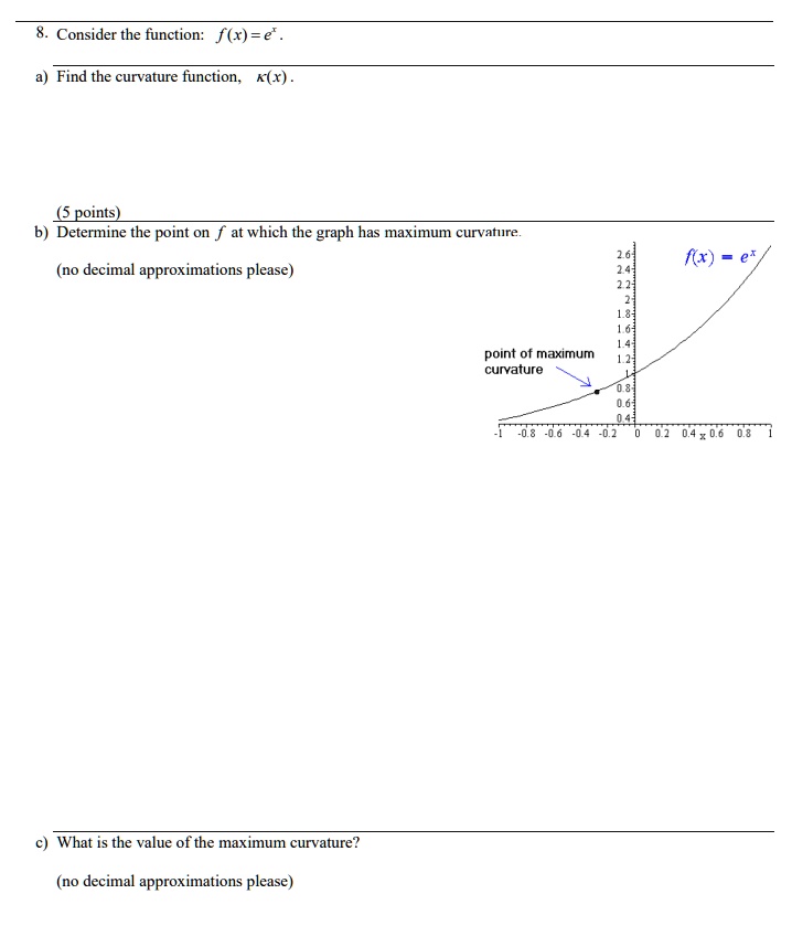 SOLVED: Consider the function: f()=e a) Find the curvature function, K ...