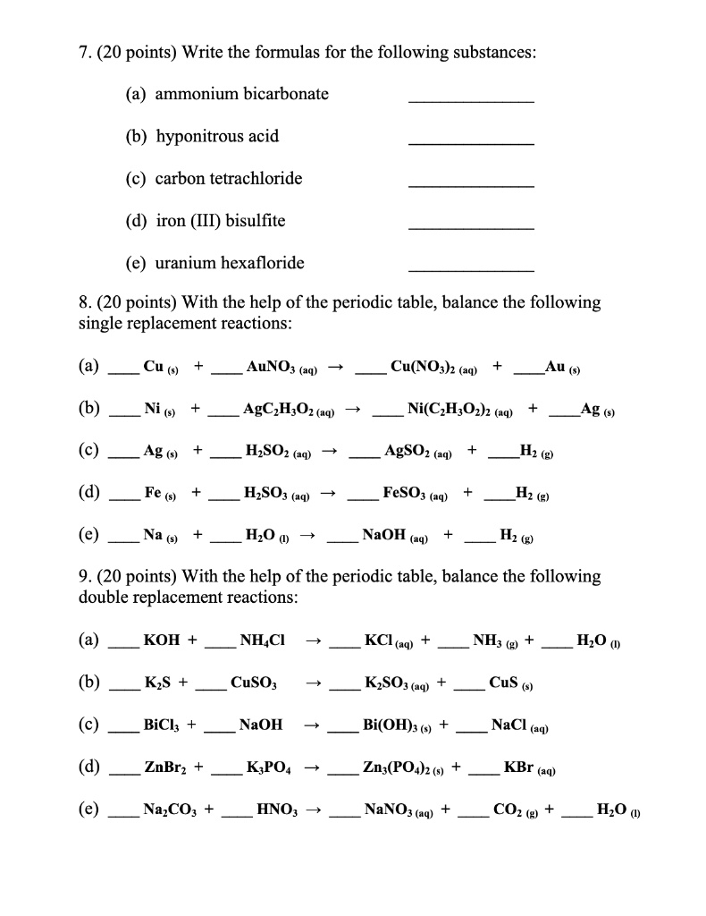 7 20 points write the formulas for the following substances ammonium ...