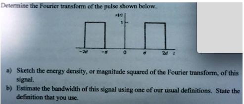 SOLVED: Determine the Fourier transform of the pulse shown below. a Sketch the energy density ...