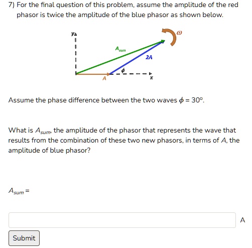 SOLVED: For the final question of this problem, assume the amplitude of the red phasor is twice ...