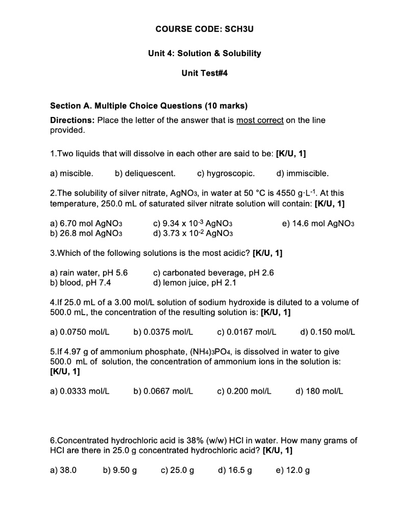 course code sch3u unit 4 solution solubility unit test4 section a ...