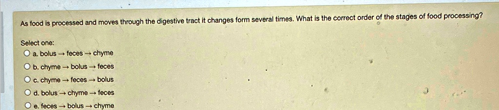 SOLVED: As food is processed and moves through the digestive tract it ...