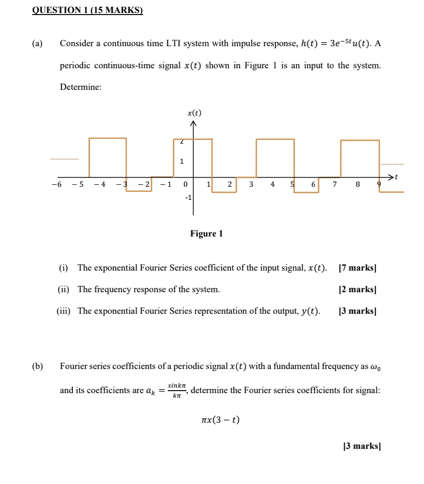 SOLVED: QUESTION 1 (15 MARKS) (a) Consider a continuous-time LTI system with impulse response, h ...