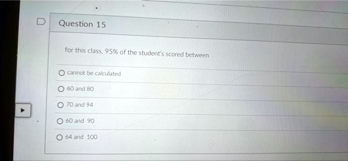 Question 15 for this class, 95% of the student's scored between cannot ...