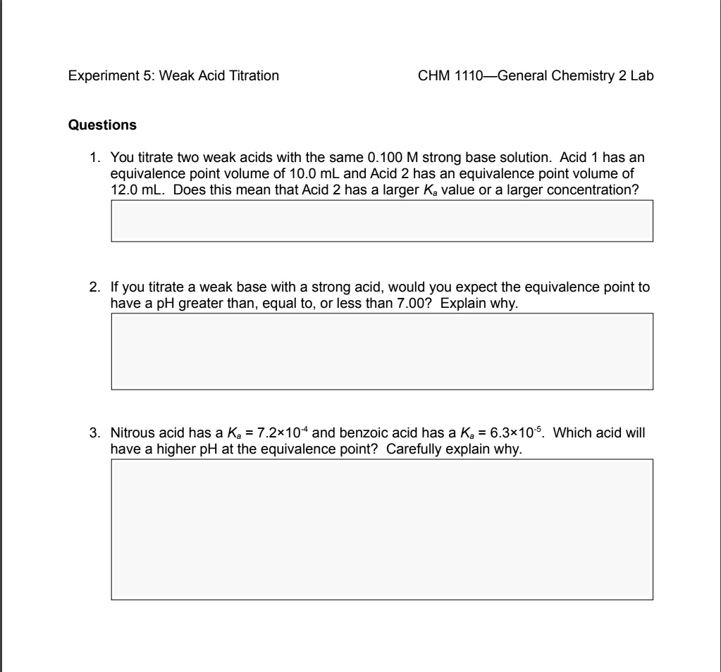 SOLVED: Experiment 5: Weak Acid Titration CHM 1110General Chemistry 2 ...
