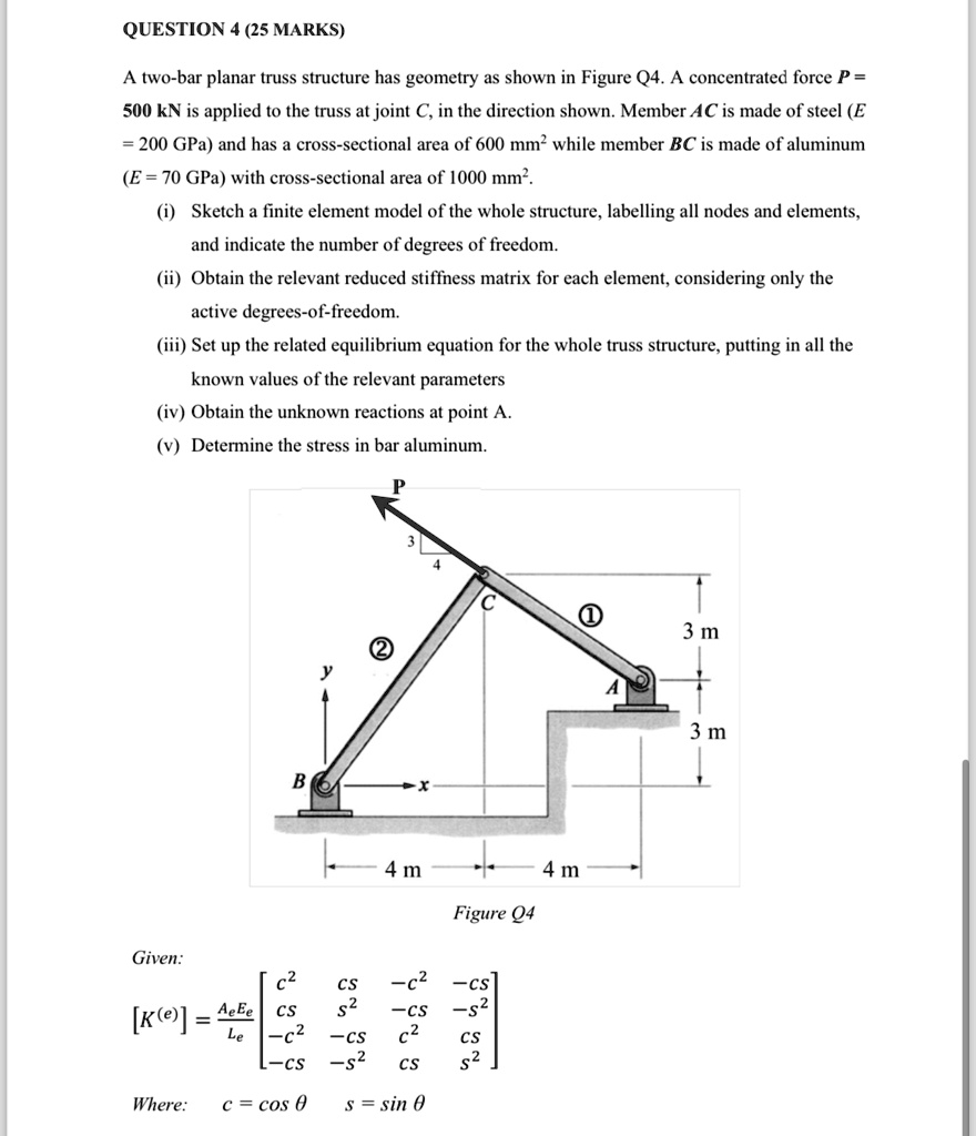 question 4 25 marks a two bar planar truss structure has geometry as shown in figure q4 a ...