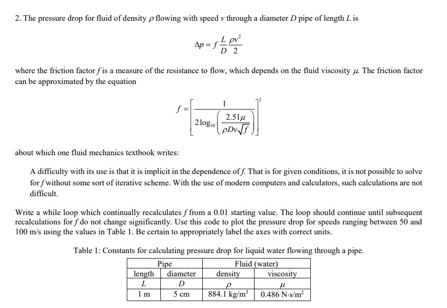 SOLVED: The pressure drop for fluid of density p flowing with speed v through a diameter D pipe ...