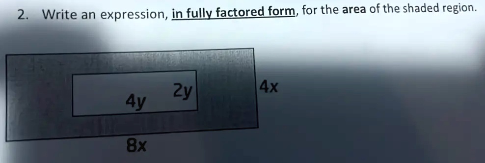 2. Write an expression, in fully factored form, for the area of the shaded region. 2y 4x 4y 8x
