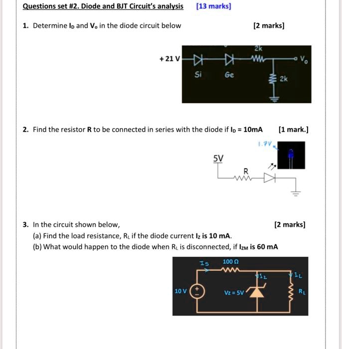 Questions set #2. Diode and BJT Circuit's analysis [13 marks] 1. Determine ID and Vo in the ...