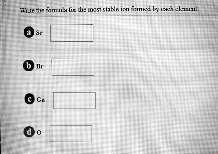 Write the formula for the most stable ion formed by each element Sr Br Ga