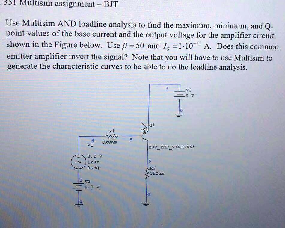 SOLVED: Use Multisim AND loadline analysis to find the maximum, minimum, and Q point values of ...
