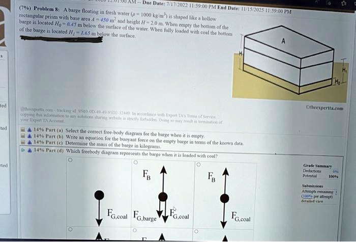 SOLVED: A barge floating in fresh water with a density of 1000 kg/mÂ³ ...