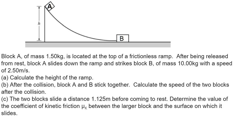 block a of mass 150kg is located at the top of a frictionless ramp after being released from ...