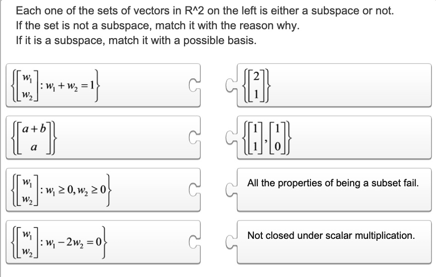 each one of the sets of vectors in r2 on the left is either a subspace ...