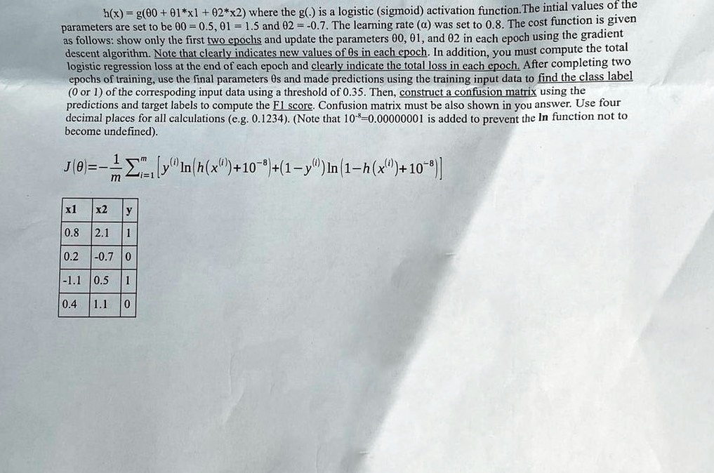 SOLVED: h(x) = g(θ0 + θ1*x1 + θ2*x2) where the 0 or 1 of the corresponding input data using a ...
