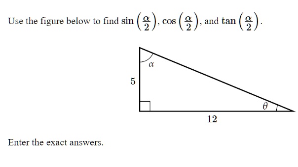 Use the figure below to find sin((α)/(2)), cos((α)/(2)), and tan((α)/(2)).Enter the exact answers.