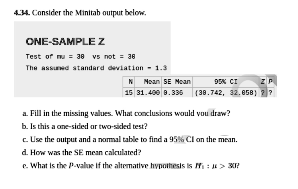 4.34. Consider the Minitab output below: ONE-SAMPLE Z Test of Mu 30 vs ...