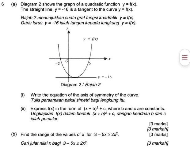 SOLVED: (a) Diagram 2 shows the graph of a quadratic function y = f(x). The straight line y ...