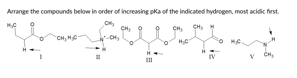 SOLVED: Arrange the compounds below in order of increasing pKa of the indicated hydrogen, most ...