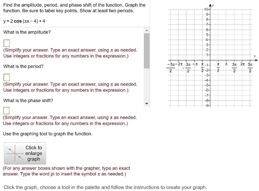 find the amplitude period and phase shift of the function graph the ...