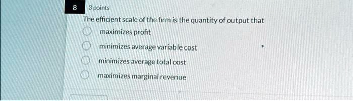 8 3 points The efficient scale of the firm is the quantity of output ...