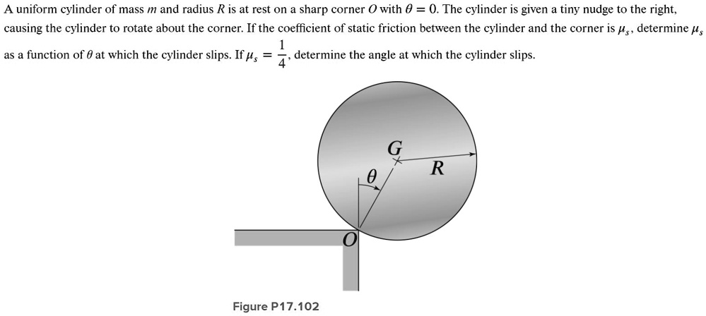A uniform cylinder of mass m and radius R is at rest on a sharp corner ...