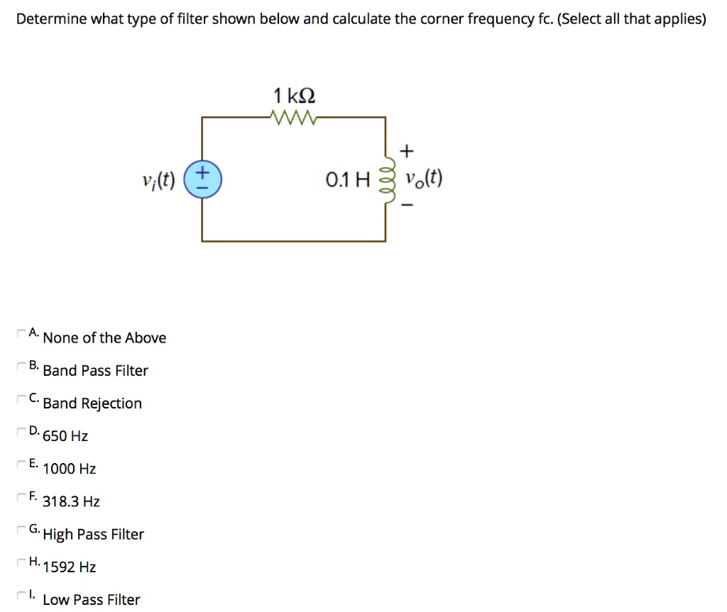 Determine what type of filter shown below and calculate the corner frequency fc. (Select all ...