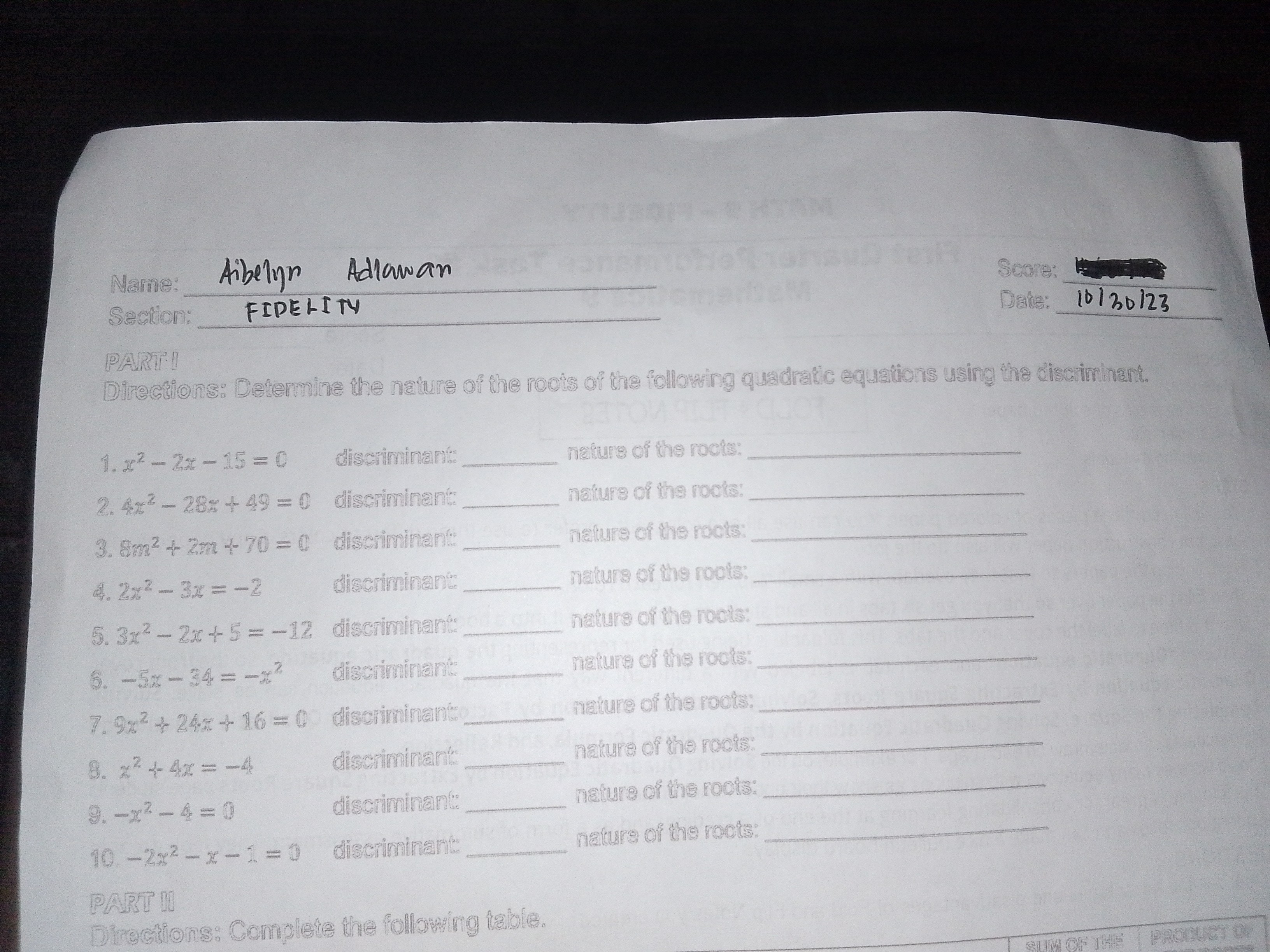 SOLVED: what is the discriminant and nature of the roots