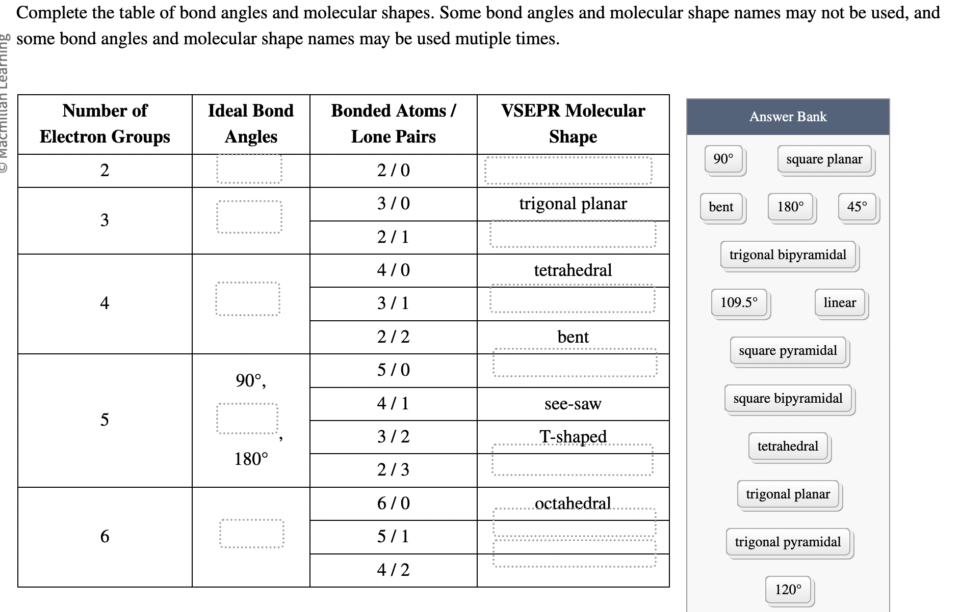 SOLVED: Complete the table of bond angles and molecular shapes. Some ...