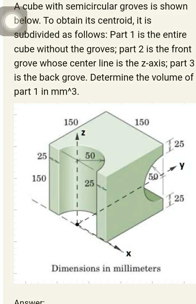 A cube with semicircular groves is shown below. To obtain its centroid ...
